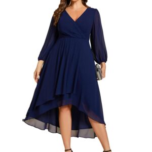 Ever-Pretty Women's A Line Pleated V Neck Midi Plus Size Wedding Guest Dresses for Curvy Women Navy Blue US26