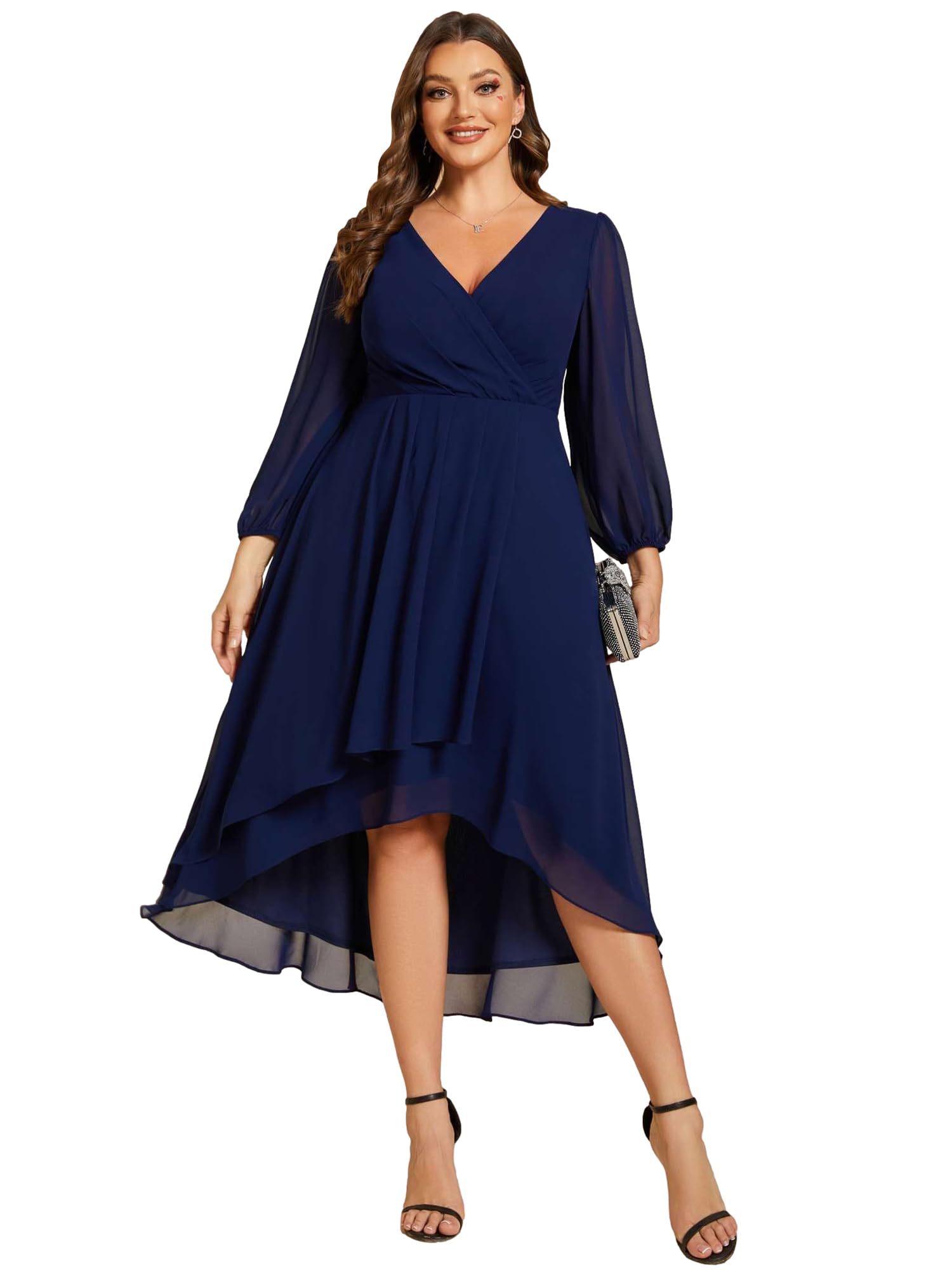 Ever-Pretty Women's A Line Pleated V Neck Midi Plus Size Wedding Guest Dresses for Curvy Women Navy Blue US26