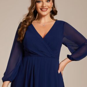 Ever-Pretty Women's A Line Pleated V Neck Midi Plus Size Wedding Guest Dresses for Curvy Women Navy Blue US26