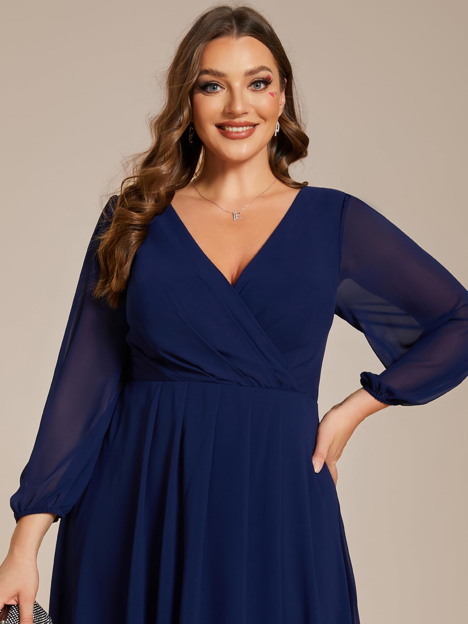 Ever-Pretty Women's A Line Pleated V Neck Midi Plus Size Wedding Guest Dresses for Curvy Women Navy Blue US26