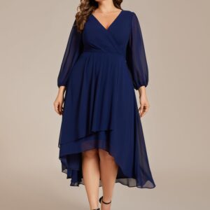 Ever-Pretty Women's A Line Pleated V Neck Midi Plus Size Wedding Guest Dresses for Curvy Women Navy Blue US26