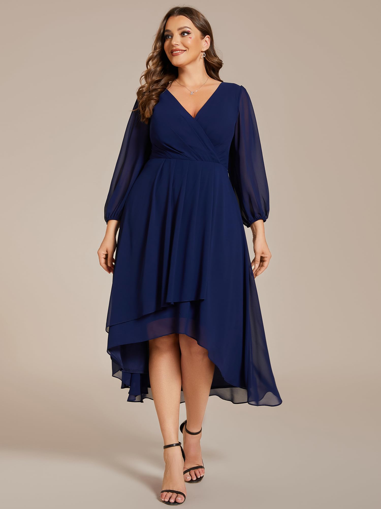 Ever-Pretty Women's A Line Pleated V Neck Midi Plus Size Wedding Guest Dresses for Curvy Women Navy Blue US26