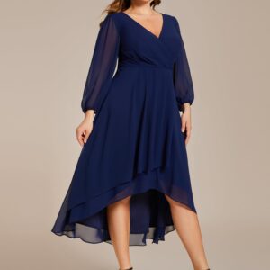 Ever-Pretty Women's A Line Pleated V Neck Midi Plus Size Wedding Guest Dresses for Curvy Women Navy Blue US26