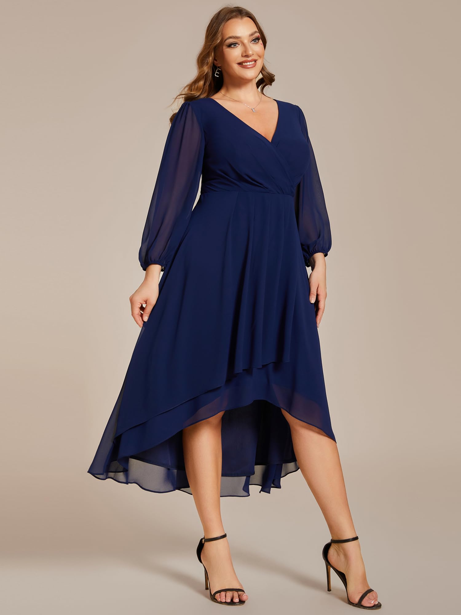 Ever-Pretty Women's A Line Pleated V Neck Midi Plus Size Wedding Guest Dresses for Curvy Women Navy Blue US26