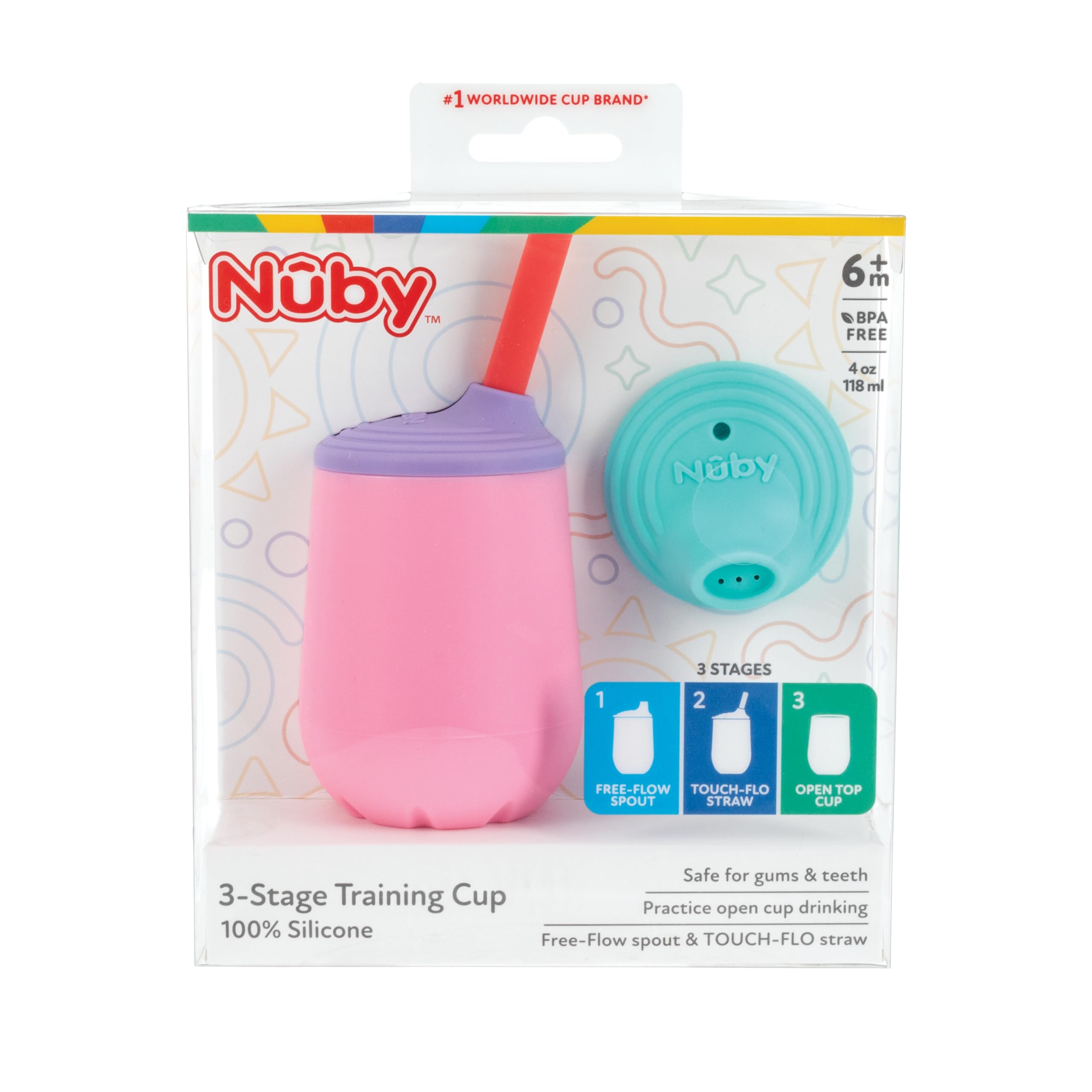 Nuby First Training Cup Set - Silicone Tumbler with Spout and Straw Combo - 4 oz - 6+ Months - Pink