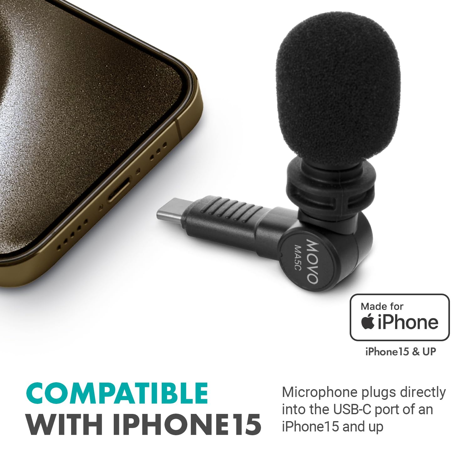 Movo External USB-C Microphone for iPhone 15 - Mic for iPhone 15, USB-C Devices - Portable Condenser Shotgun Mic for Video Recording, Voiceover, Interview, Travel, Vlogging, YouTube