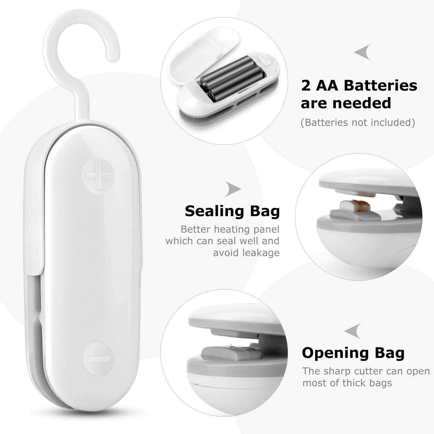 Mini Bag Sealer, Portable Sealing Bags Machine, Handheld Heat Food Vacuum Sealer Machine with Cutter and Hook for Snack, Plastic Bags, Storage, Potato Chip Cookie Bags (White)