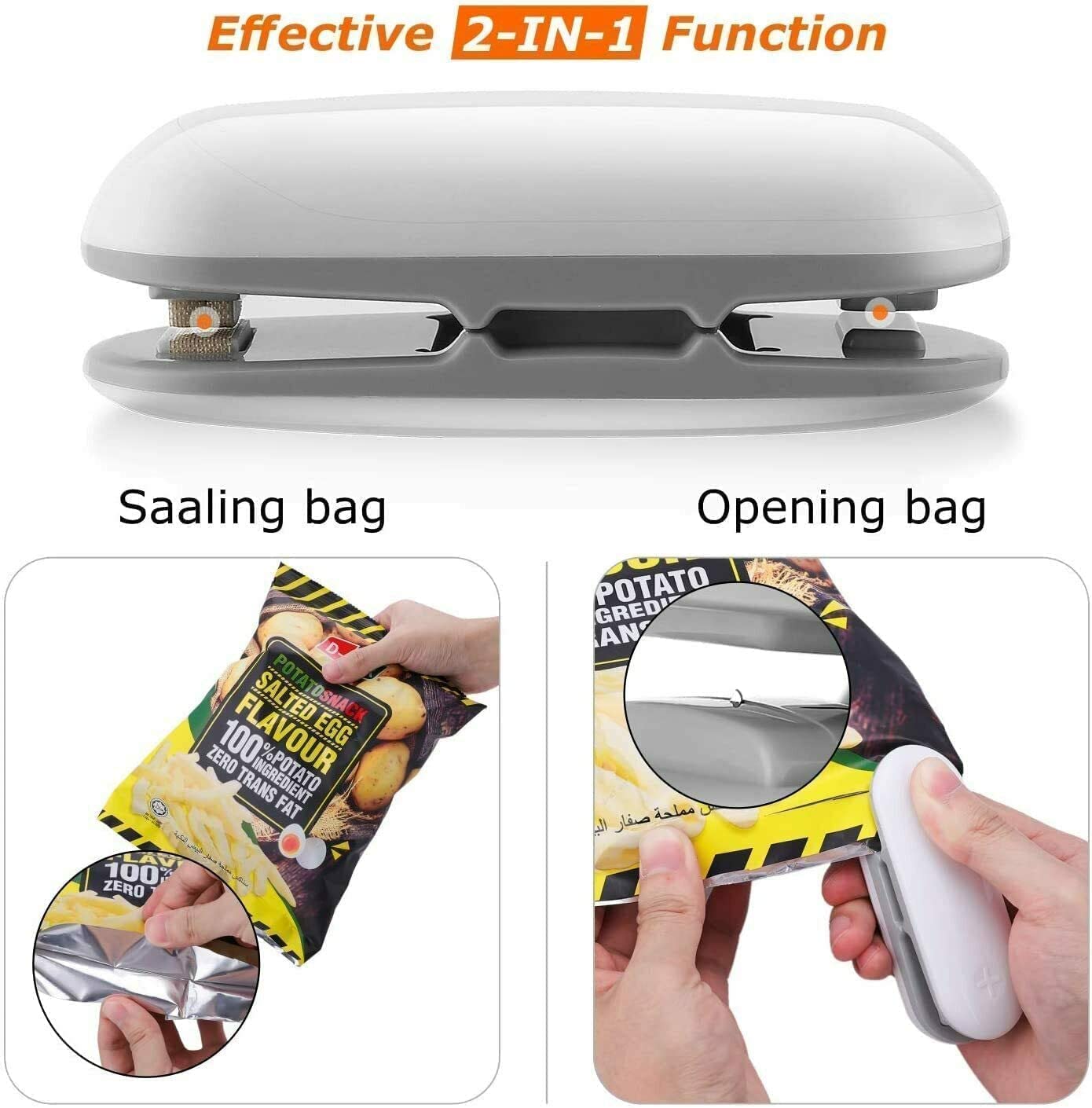 Mini Bag Sealer, Portable Sealing Bags Machine, Handheld Heat Food Vacuum Sealer Machine with Cutter and Hook for Snack, Plastic Bags, Storage, Potato Chip Cookie Bags (White)