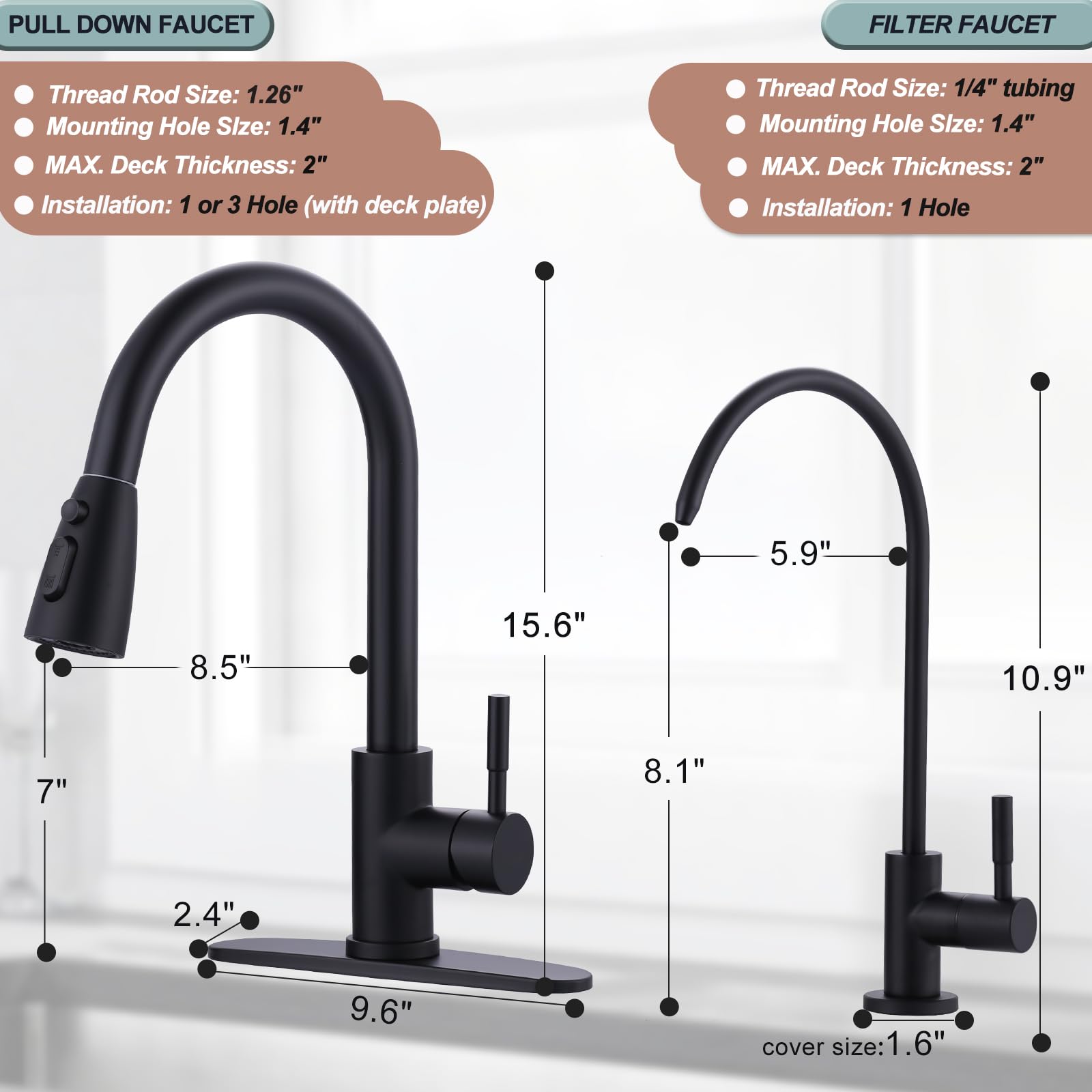 Black Kitchen Faucet and Water Filter Faucet Combo, WOWOW Stainless Steel Kitchen Sink Faucet with Drinking Water Faucet for Reverse Osmosis or Water Filtration System, Matte Black