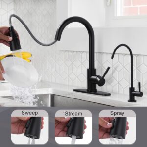 Black Kitchen Faucet and Water Filter Faucet Combo, WOWOW Stainless Steel Kitchen Sink Faucet with Drinking Water Faucet for Reverse Osmosis or Water Filtration System, Matte Black