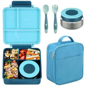 bento lunch box set for kids with 8oz soup thermo, leak-proof lunch containers with 4 compartment, kids thermo hot food jar and insulated lunch bag for kids to school-blue