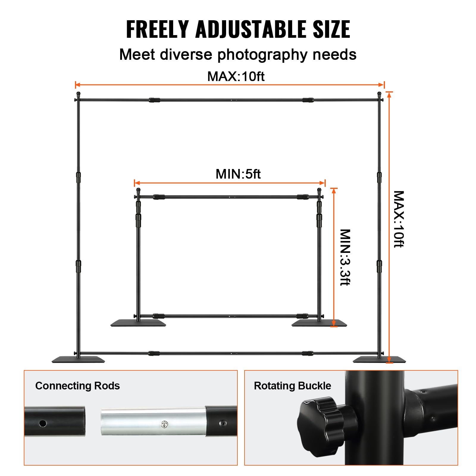 VEVOR 10ft x10ft Pipe and Drape Kit, Heavy Duty Backdrop Stand with Carbon Steel Base, Adjustable Backdrop Support with 2 Clamps and A Carry Bag for Wedding, Party, Event, Photography and Exhibition