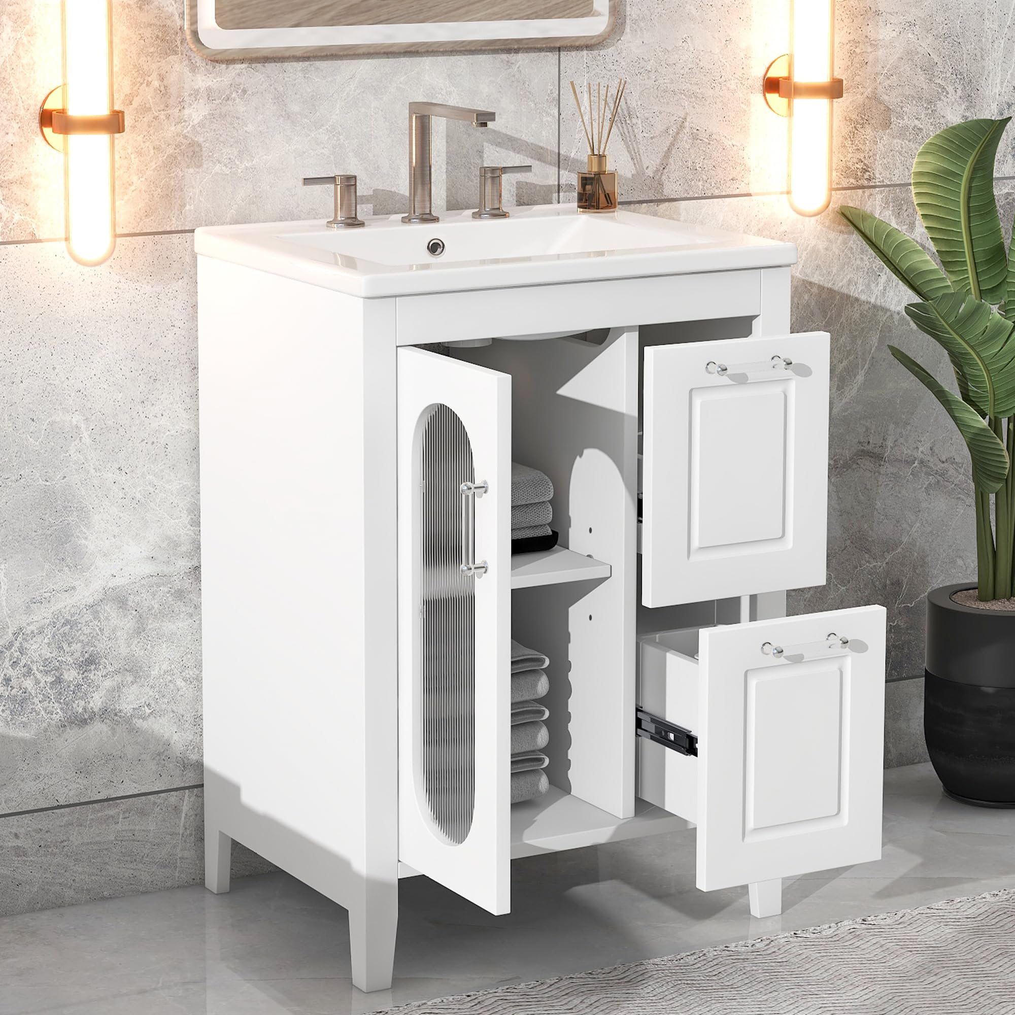 CuisinSmart White Bathroom Vanity 24 Inch with Top and Sink,Modern Single Sink Vanity Cabinet with 2 Drawers and Glass Door,Free Standing Bathroom Vanities Without Faucet 18.3" D x 24" W x 33.2" H