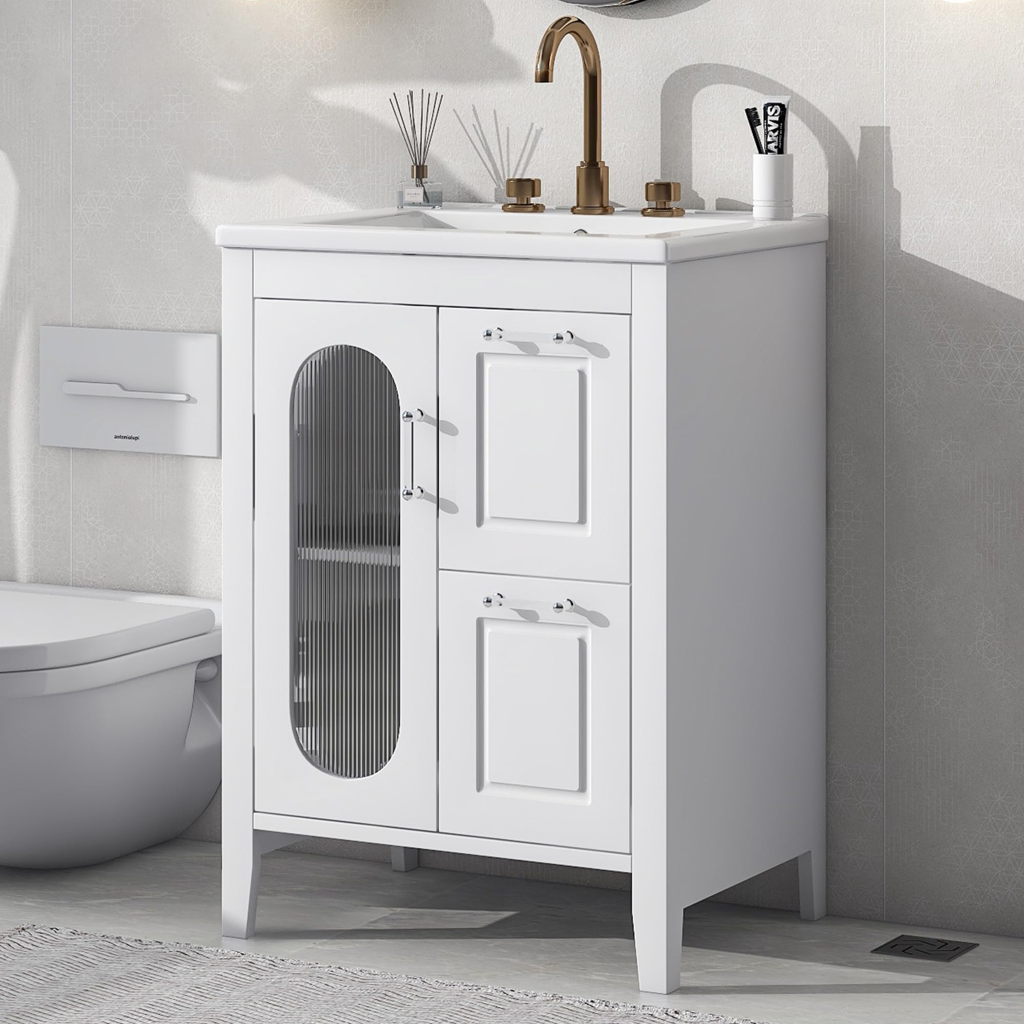 CuisinSmart White Bathroom Vanity 24 Inch with Top and Sink,Modern Single Sink Vanity Cabinet with 2 Drawers and Glass Door,Free Standing Bathroom Vanities Without Faucet 18.3" D x 24" W x 33.2" H