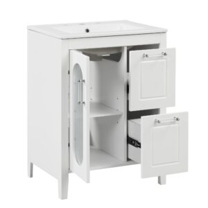 CuisinSmart White Bathroom Vanity 24 Inch with Top and Sink,Modern Single Sink Vanity Cabinet with 2 Drawers and Glass Door,Free Standing Bathroom Vanities Without Faucet 18.3" D x 24" W x 33.2" H