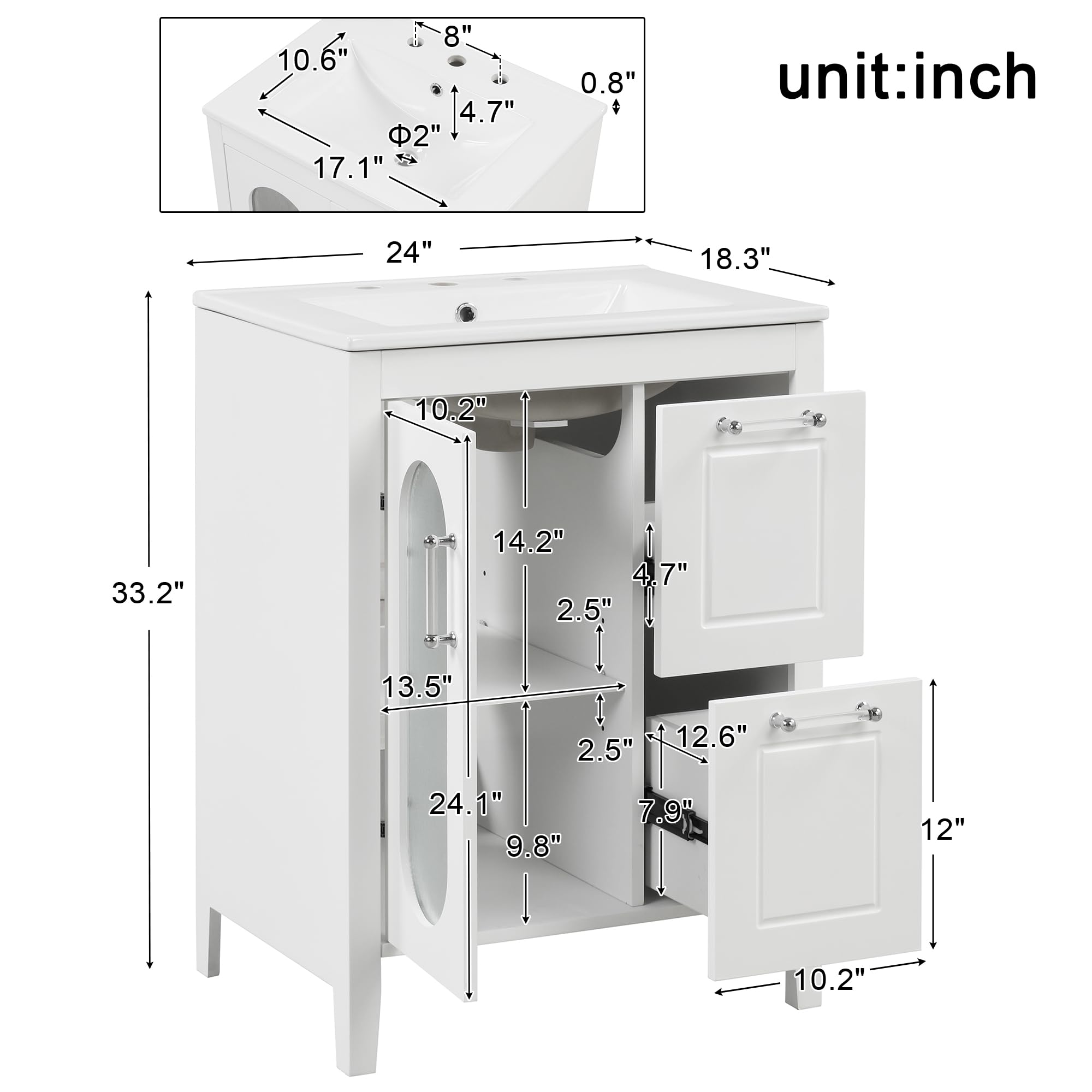 CuisinSmart White Bathroom Vanity 24 Inch with Top and Sink,Modern Single Sink Vanity Cabinet with 2 Drawers and Glass Door,Free Standing Bathroom Vanities Without Faucet 18.3" D x 24" W x 33.2" H