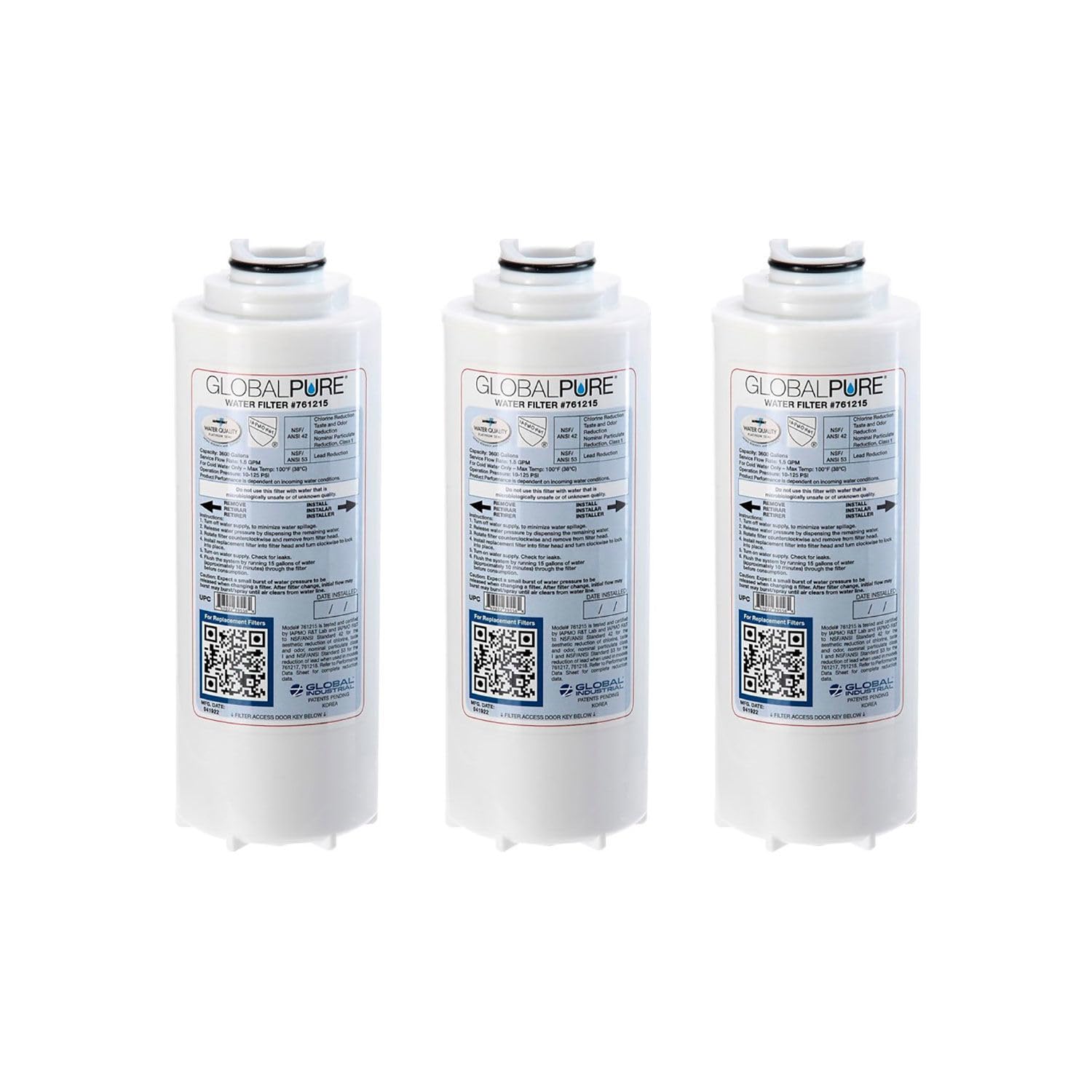 Global Industrial Global Pure Replacement Water Filter, Compatible with Elkay Water Fountain Filters 51300C, 3 Pack