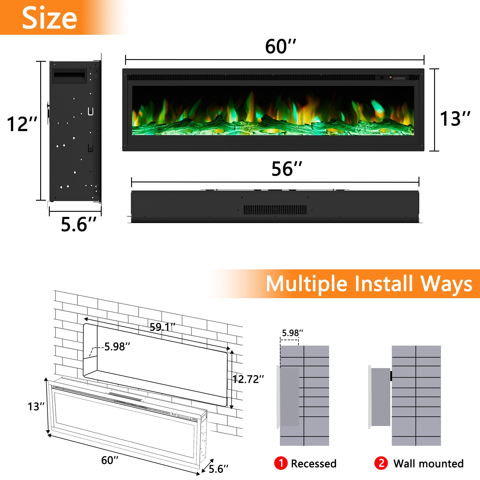 AMERLIFE 60" Electric Fireplace Inserts Recessed and Wall Mounted with Remote Control, Fireplace Heaters for Indoor Use with Timer, 12 Adjustable Flame Colors and Brightness, Log & Crystal, Black