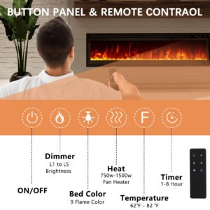 AMERLIFE 60" Electric Fireplace Inserts Recessed and Wall Mounted with Remote Control, Fireplace Heaters for Indoor Use with Timer, 12 Adjustable Flame Colors and Brightness, Log & Crystal, Black