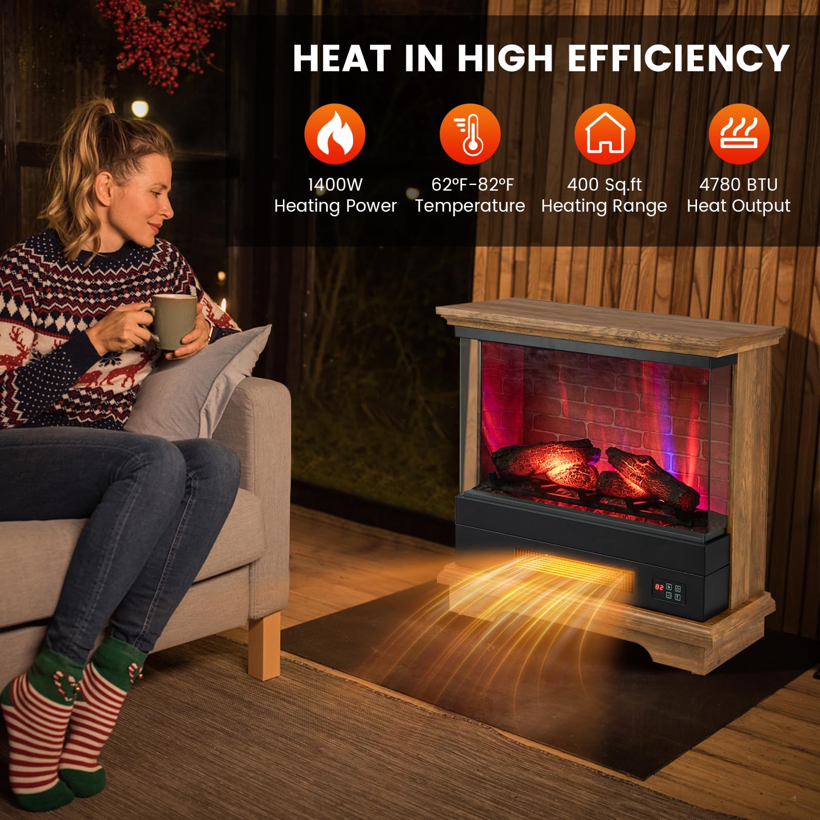 COSTWAY Electric Fireplace with 3-Sided Glass 27-inch Wide, 1400W Freestanding Fireplace Heater with Remote Control, 7-Level Vivid Flame, Thermostat, 0.5-6H Timer, Overheating Protection, Natural