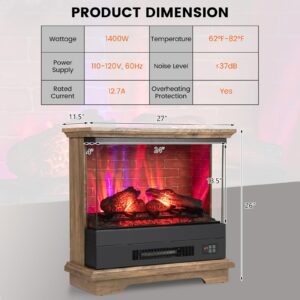 COSTWAY Electric Fireplace with 3-Sided Glass 27-inch Wide, 1400W Freestanding Fireplace Heater with Remote Control, 7-Level Vivid Flame, Thermostat, 0.5-6H Timer, Overheating Protection, Natural