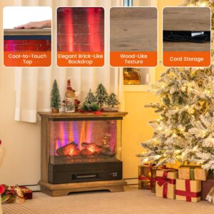 COSTWAY Electric Fireplace with 3-Sided Glass 27-inch Wide, 1400W Freestanding Fireplace Heater with Remote Control, 7-Level Vivid Flame, Thermostat, 0.5-6H Timer, Overheating Protection, Natural