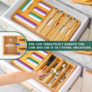 Calmbee Storage Bag Organizer and Wrap Dispenser with Cutter, 9 IN 1 Bamboo Foil and Plastic Wrap Organizer for Kitchen Drawer, Plastic Bag Organizer for Gallon, Quart, Sandwich, Snack