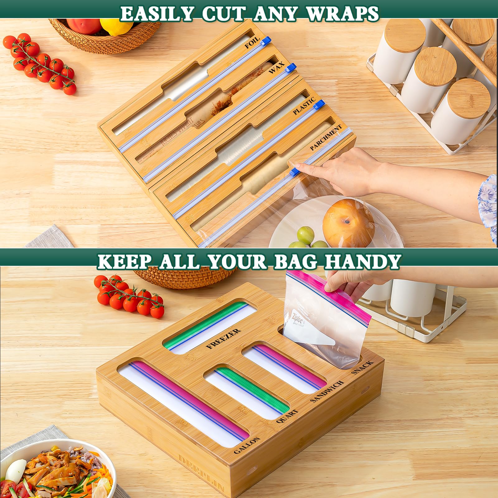 Calmbee Storage Bag Organizer and Wrap Dispenser with Cutter, 9 IN 1 Bamboo Foil and Plastic Wrap Organizer for Kitchen Drawer, Plastic Bag Organizer for Gallon, Quart, Sandwich, Snack