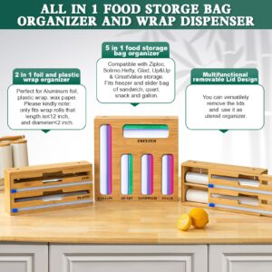 Calmbee Storage Bag Organizer and Wrap Dispenser with Cutter, 9 IN 1 Bamboo Foil and Plastic Wrap Organizer for Kitchen Drawer, Plastic Bag Organizer for Gallon, Quart, Sandwich, Snack