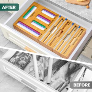 Calmbee Storage Bag Organizer and Wrap Dispenser with Cutter, 9 IN 1 Bamboo Foil and Plastic Wrap Organizer for Kitchen Drawer, Plastic Bag Organizer for Gallon, Quart, Sandwich, Snack