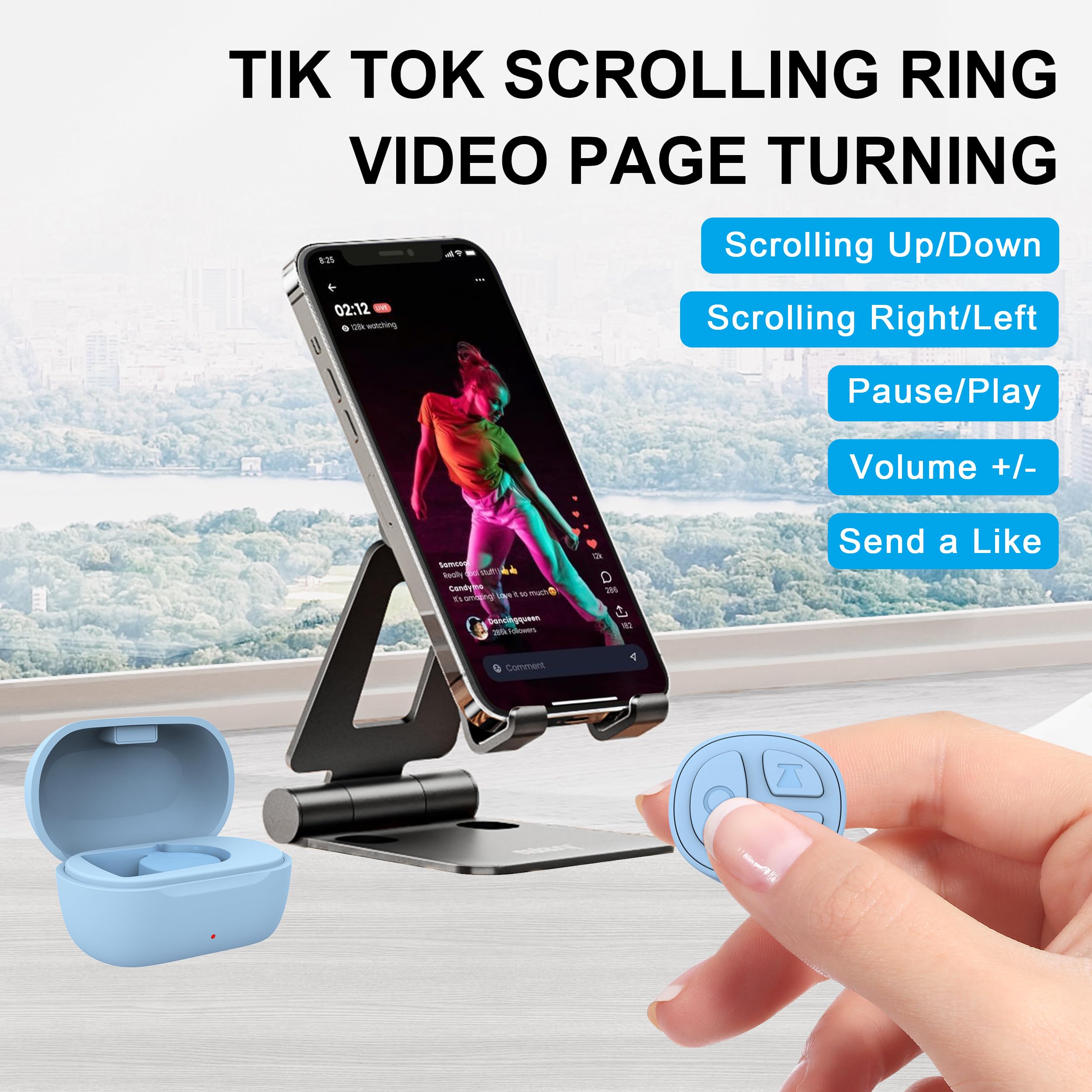 SOFAMIRI TikTok Scrolling Ring Remote Control Kindle App Page Turner Bluetooth Media Button Remote Selfie TIK Tok Scrolling Ring for iPhone iPad iOS Android (D02, Blue)