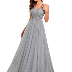 Ever-Pretty Women's Flowy Appliques V Neck A Line Sleeveless Tulle Pleated Evening Gowns Gray US8