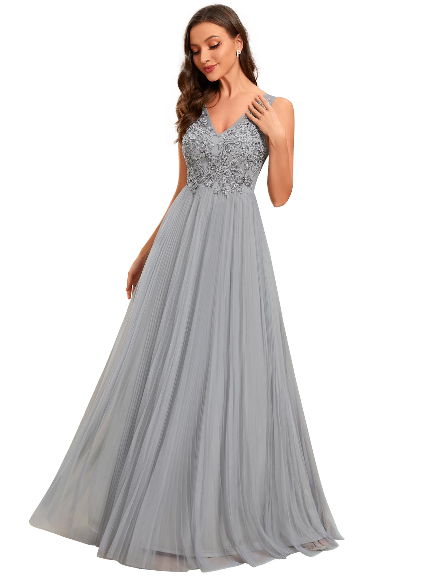 Ever-Pretty Women's Flowy Appliques V Neck A Line Sleeveless Tulle Pleated Evening Gowns Gray US8