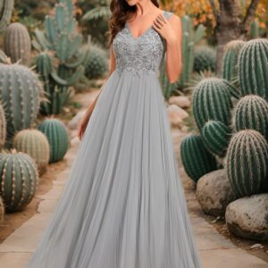 Ever-Pretty Women's Flowy Appliques V Neck A Line Sleeveless Tulle Pleated Evening Gowns Gray US8