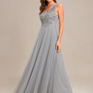 Ever-Pretty Women's Flowy Appliques V Neck A Line Sleeveless Tulle Pleated Evening Gowns Gray US8