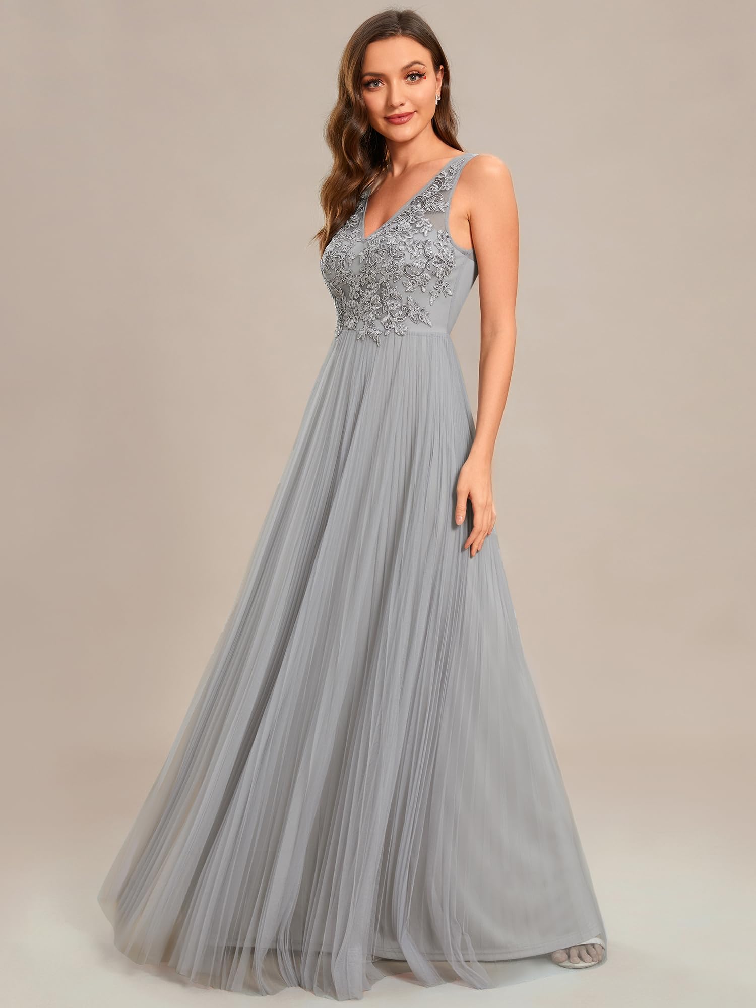 Ever-Pretty Women's Flowy Appliques V Neck A Line Sleeveless Tulle Pleated Evening Gowns Gray US8