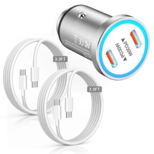 [mfi certified] iphone 15 car charger,60w compact dual port usb c fast car charger adapter all metal with 2pack 3.3ft type c to type c cord for iphone 15/15plus/15pro/15pro max,ipad pro/air/mini