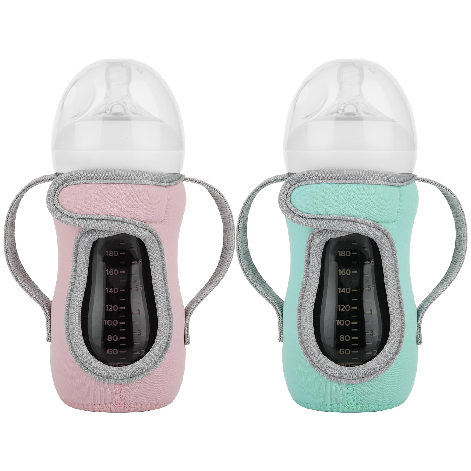 Beautyflier Set of 2 Reusable Glass Baby Bottle Insulator Adjustable Sleeves with Double Handles Neoprene Holder for Philips Avent Natural (8-9 Ounce, Pink+Green)