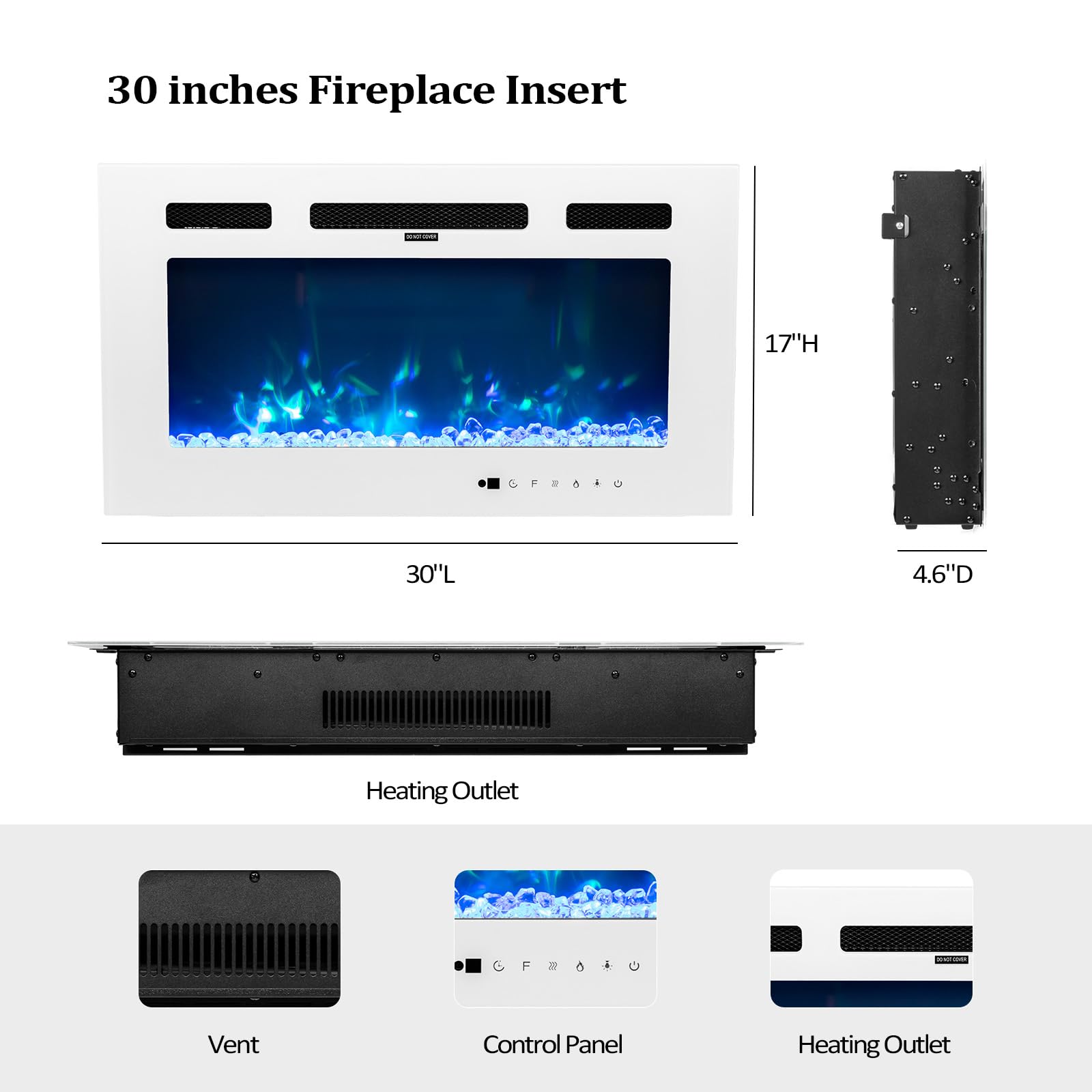 VINGLI Electric Fireplace Insert 30 Inch with Remote Control, 3D Realistic Flames Fireplace Heater Insert with 12 Adjustable Brightness Flames and Fuelbed, 1500W, White