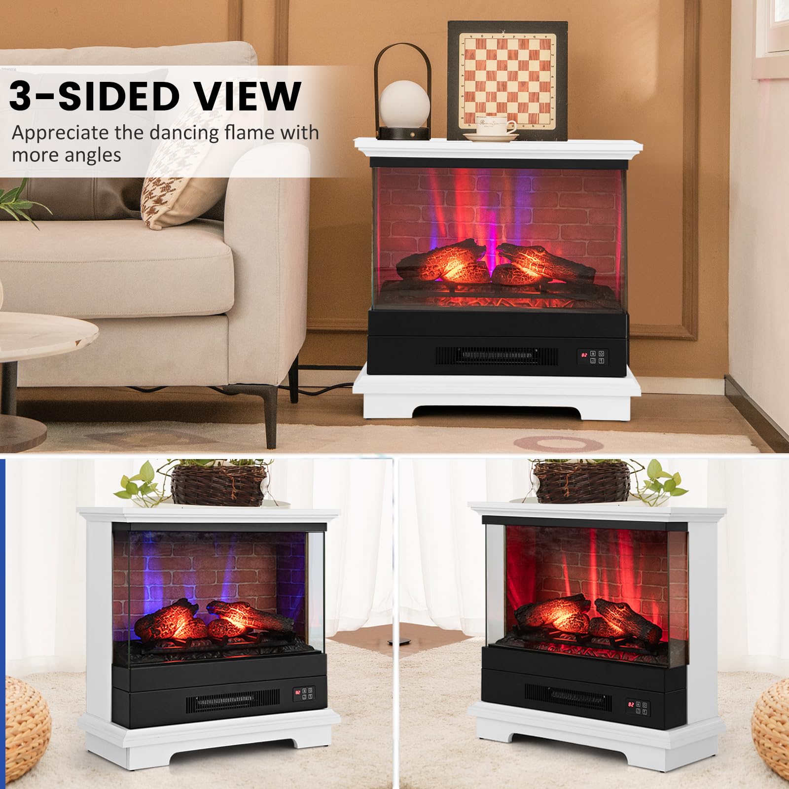 ORALNER 27” Electric Fireplace with Mantel, 3-Sided Glass View, Wooden Surround Firebox, Freestanding Fireplace Heater w/ 7 Flame Colors, Remote & 6H Timer, Overheat Protection, 1400W (White)