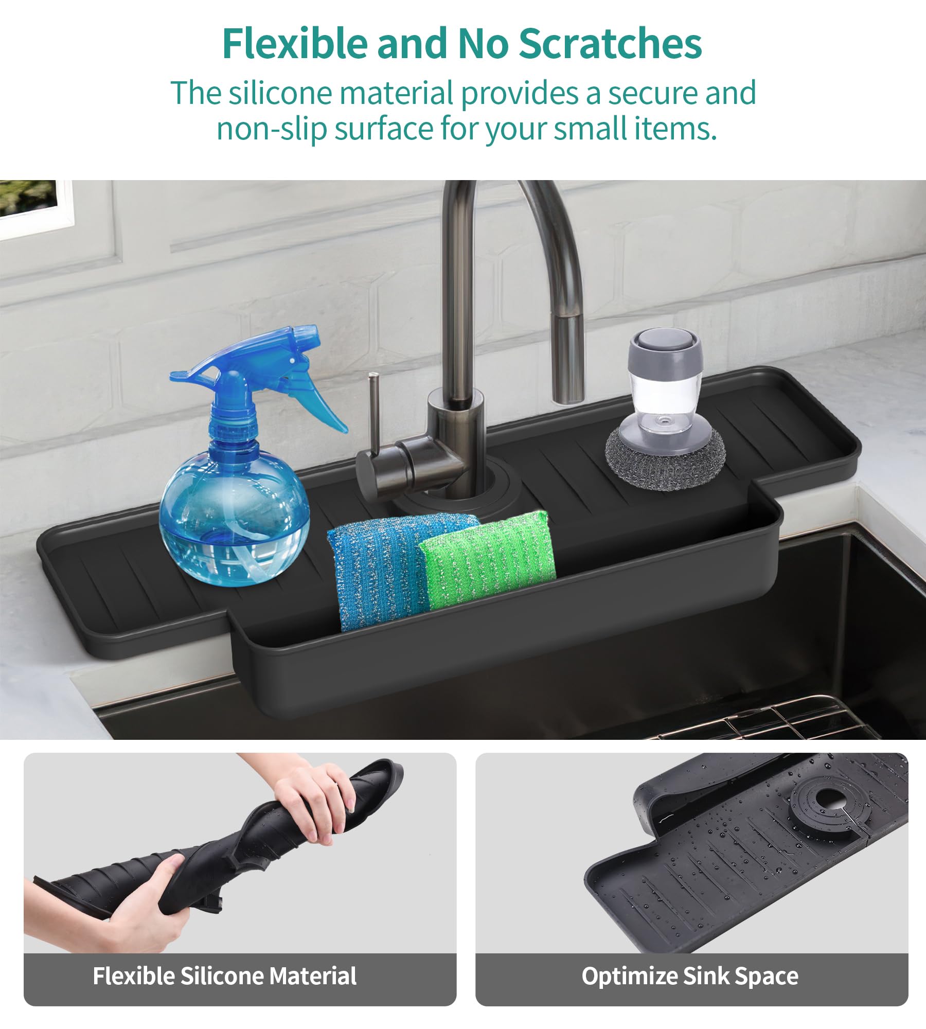 Silicone Faucet Splash Guard Kitchen Sink Splash Guard Upgraded Faucet Water Catcher Tray - 15.75” x 5.5''x2” - Sink Sponge Holder for Kitchen, Bathroom(Black)