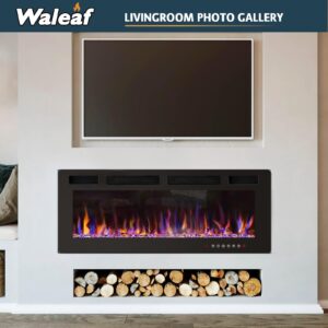 Waleaf 50 inch Ultra-Thin Electric Fireplace Wall Mounted/Recessed，Fireplace Heater with Multicolor Flame，Timer Low Noise 750/1500W，with Remote Control Touch Screen