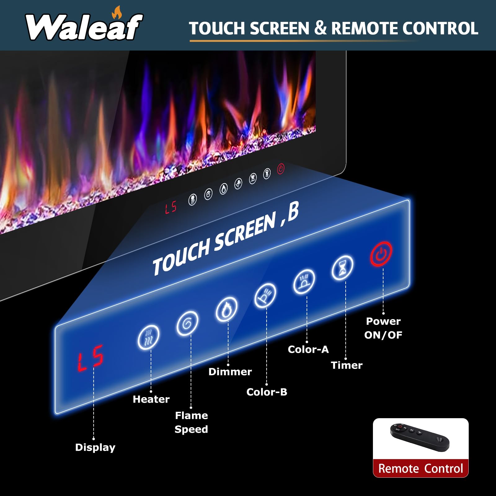 Waleaf 50 inch Ultra-Thin Electric Fireplace Wall Mounted/Recessed，Fireplace Heater with Multicolor Flame，Timer Low Noise 750/1500W，with Remote Control Touch Screen