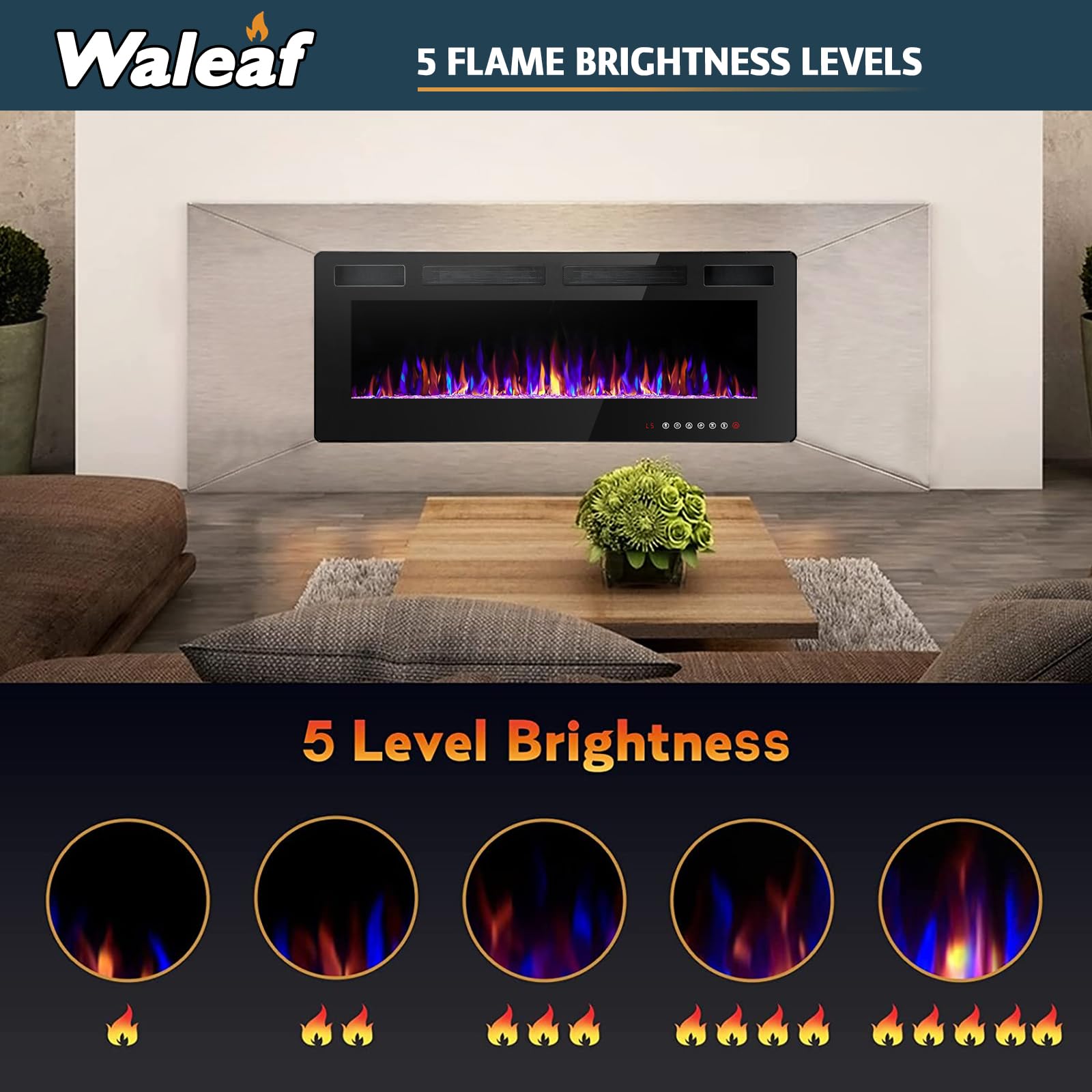 Waleaf 50 inch Ultra-Thin Electric Fireplace Wall Mounted/Recessed，Fireplace Heater with Multicolor Flame，Timer Low Noise 750/1500W，with Remote Control Touch Screen