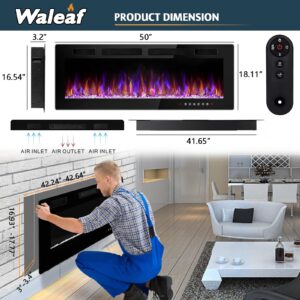 Waleaf 50 inch Ultra-Thin Electric Fireplace Wall Mounted/Recessed，Fireplace Heater with Multicolor Flame，Timer Low Noise 750/1500W，with Remote Control Touch Screen