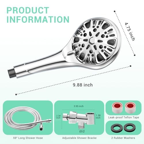 Shower Head with Handheld 9 Functions High Pressure Rain Shower Heads with handheld spray combo 59'' Hose & Holder Powerful Detachable Shower Head for Bathroom, Chrome