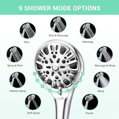 Shower Head with Handheld 9 Functions High Pressure Rain Shower Heads with handheld spray combo 59'' Hose & Holder Powerful Detachable Shower Head for Bathroom, Chrome