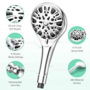 Shower Head with Handheld 9 Functions High Pressure Rain Shower Heads with handheld spray combo 59'' Hose & Holder Powerful Detachable Shower Head for Bathroom, Chrome