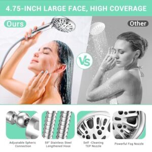 Shower Head with Handheld 9 Functions High Pressure Rain Shower Heads with handheld spray combo 59'' Hose & Holder Powerful Detachable Shower Head for Bathroom, Chrome