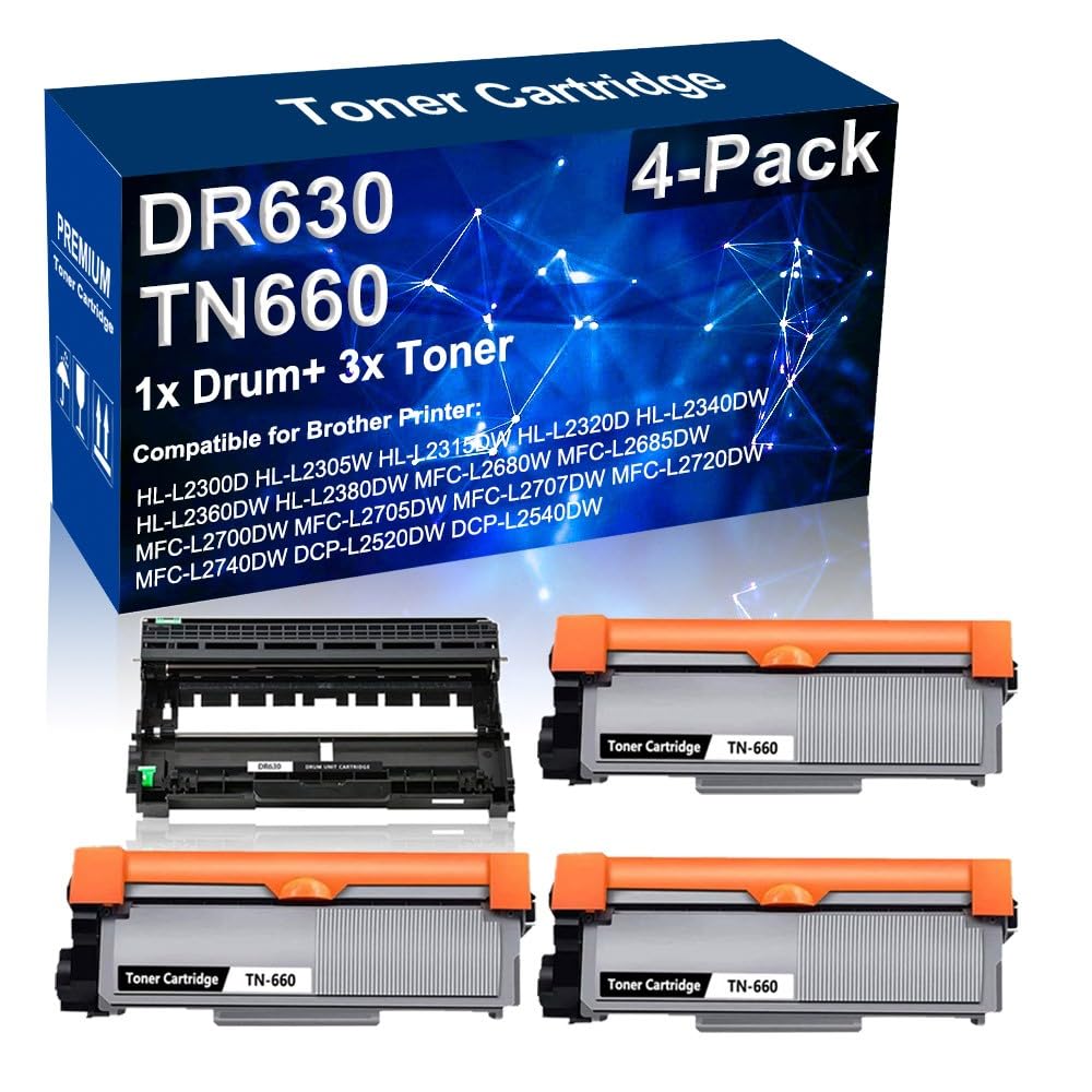 4-Pack (1x Drum+ 3x Toner) Compatible High Yield DR630 DR-630 Printer Drum Unit & TN660 TN-660 Printer Cartridge Used for Brother HL-L2305W HL-L2320D HL-L2380DW MFC-L2707DW DCP-L2540DW Printer (Black)